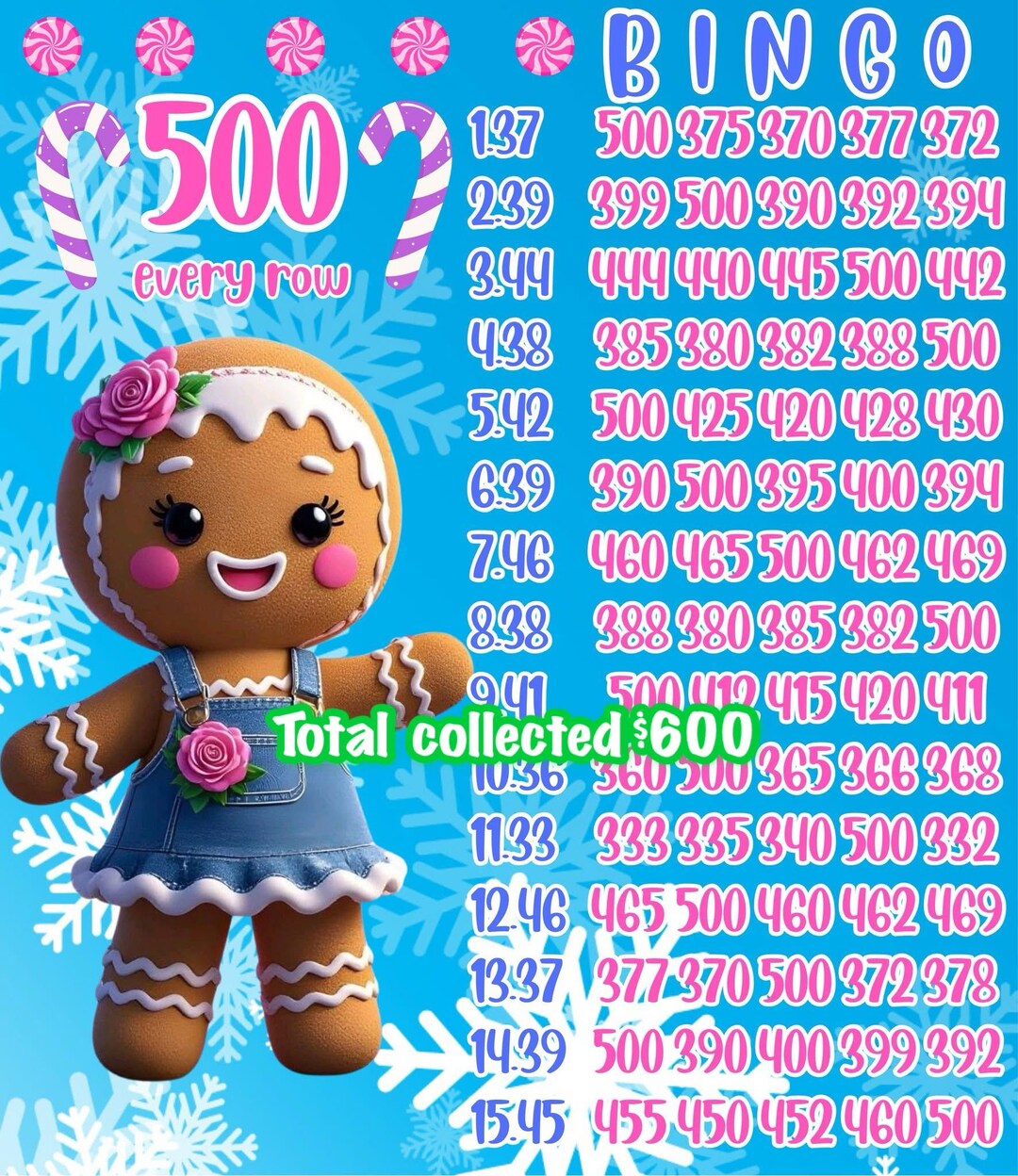 500 Every Row Gingerbread Girl Bingo Board - Etsy