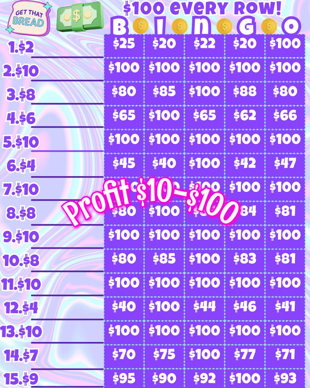 100 Every Row Pyp Bingo Board With Lines With Profit - Etsy