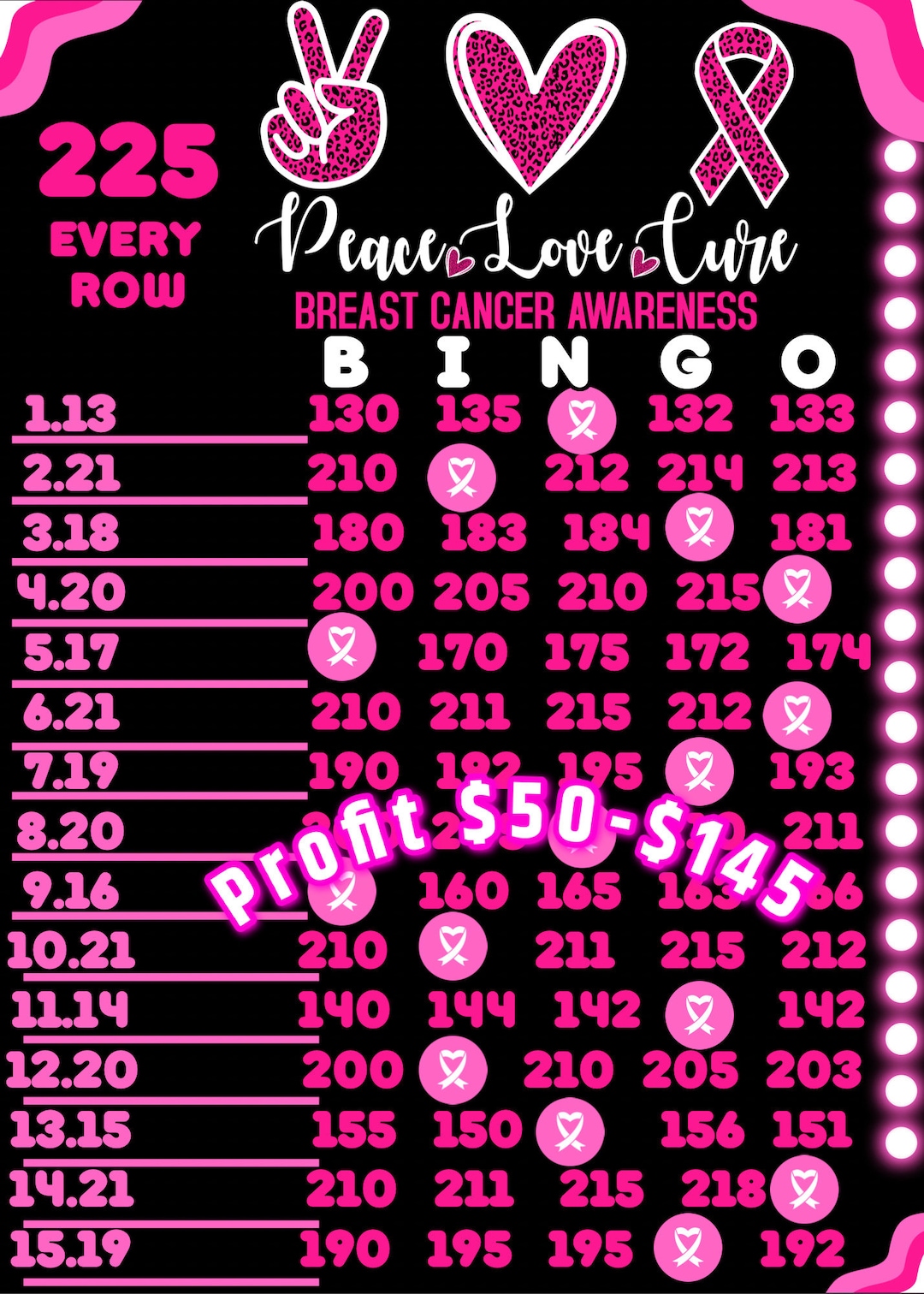 225 Every Row Breast Cancer Awareness Pyp Bingo Board With and Without ...