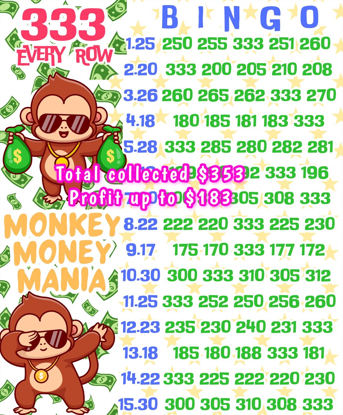 Monkey 333 Every Row Bingo Board - Etsy