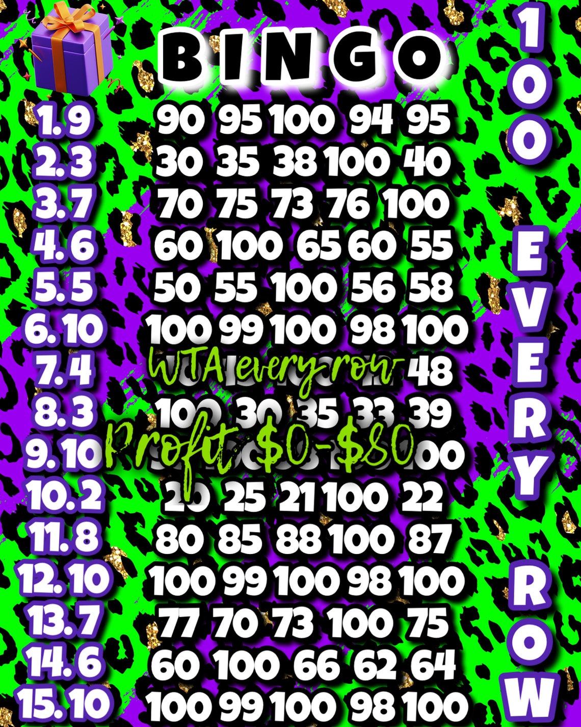 100 Every Row Bingo Board - Etsy