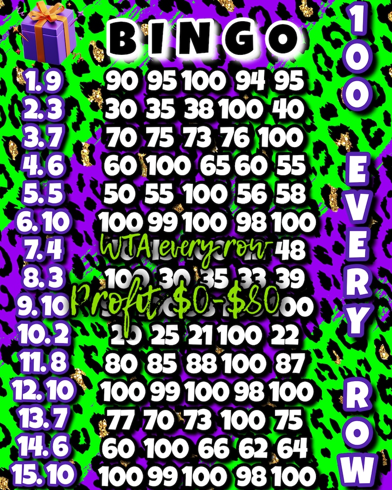 100 Every Row Bingo Board - Etsy