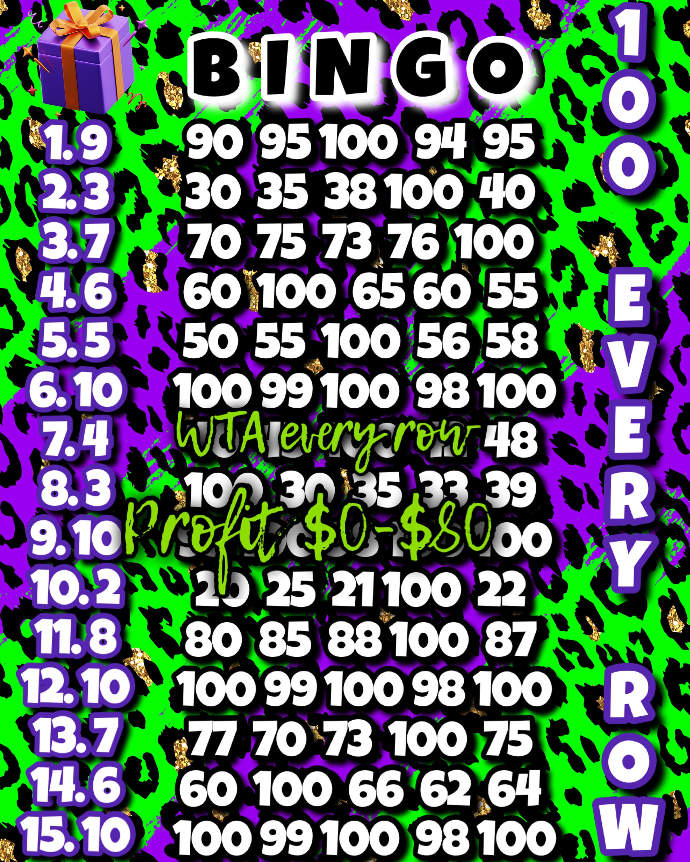 100 Every Row Bingo Board - Etsy