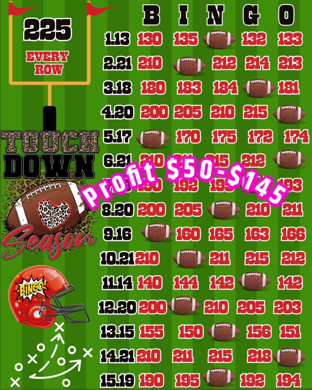 225 Every Row Football Pyp Bingo Board - Etsy
