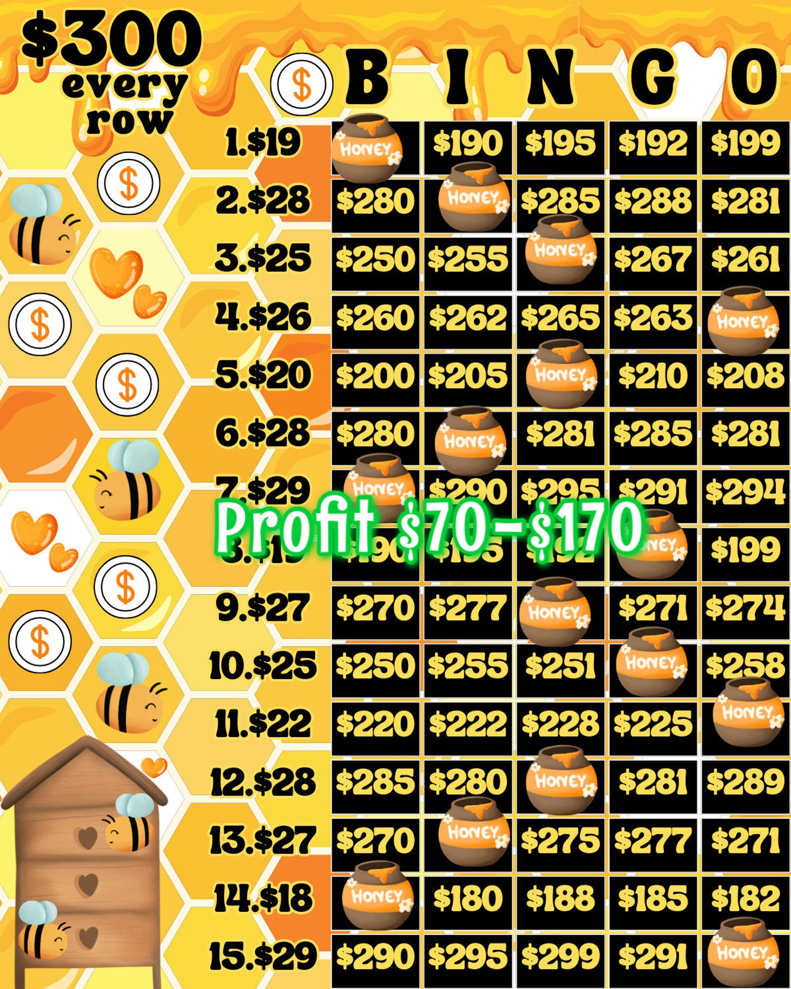300 Every Row Bee Bingo Board With Profit - Etsy