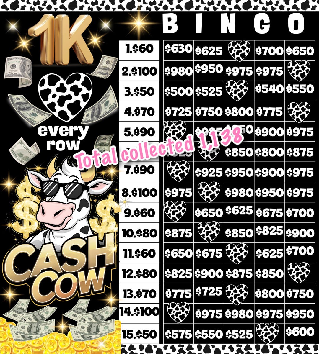 1k Every Row Cash Cow Bingo Board - Etsy