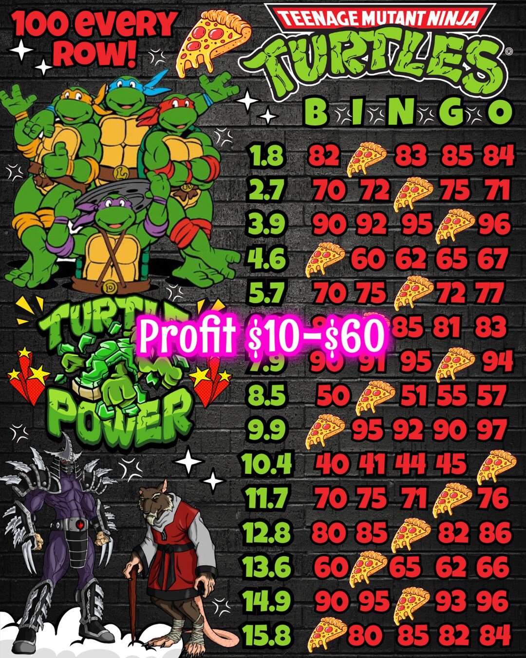100 Every Row Turtles Pyp Bingo Board With Profit - Etsy