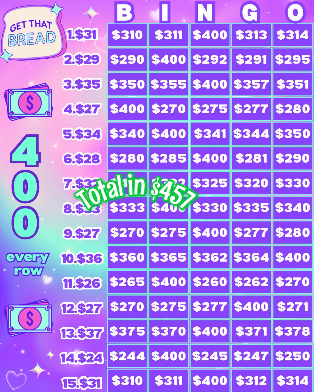 400 Every Row Get That Bread Pyp Bingo Board With Profit - Etsy