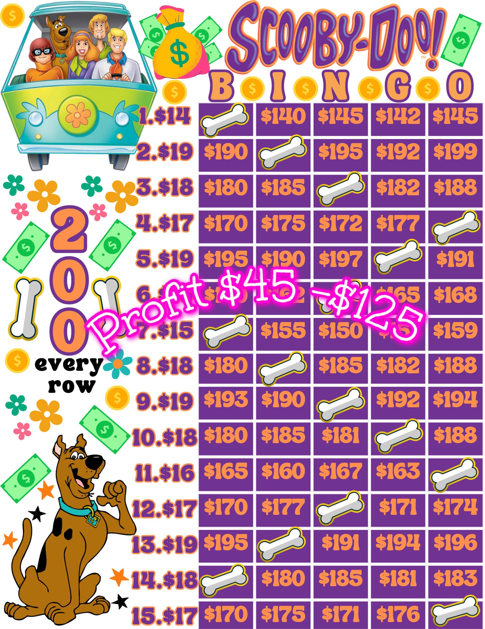 200 Every Row Bingo Board With Profit - Etsy