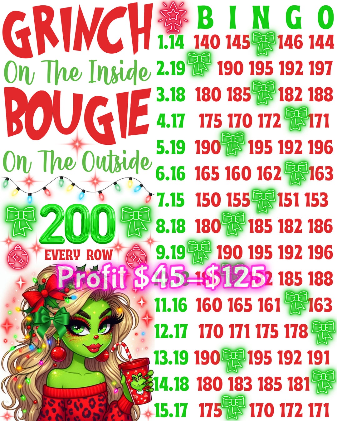 200 Every Row Boujee Grinchy Girl Pyp Bingo Board With Profit - Etsy