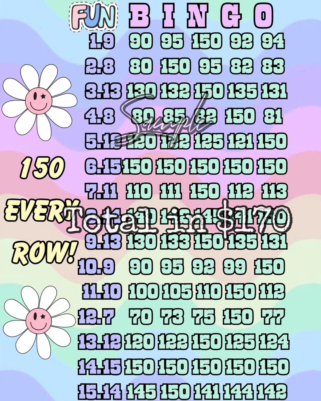 Fun 150 Every Row With Profit Bingo Board - Etsy