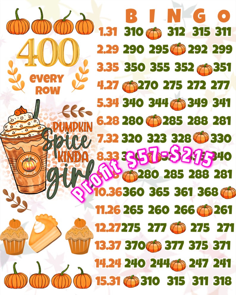 400 Every Row Pumpkin Spice Bingo Board With Profit - Etsy
