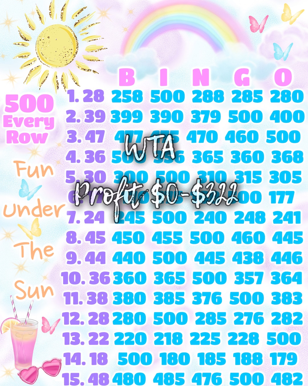 500 Every Row Bingo Board Fun in the Sun - Etsy