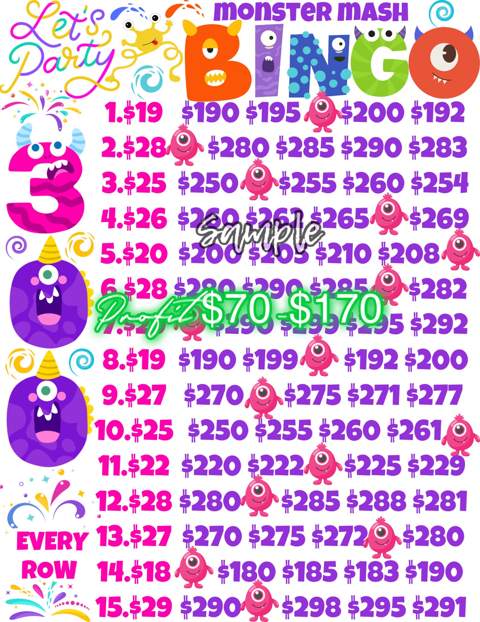 300 Every Row Monster Mash Bingo Board With Profit - Etsy