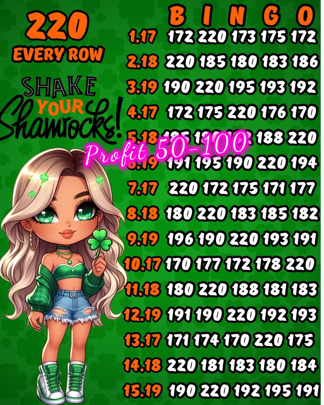 220 Every Row Shamrocks Pyp Bingo Board With Profit - Etsy