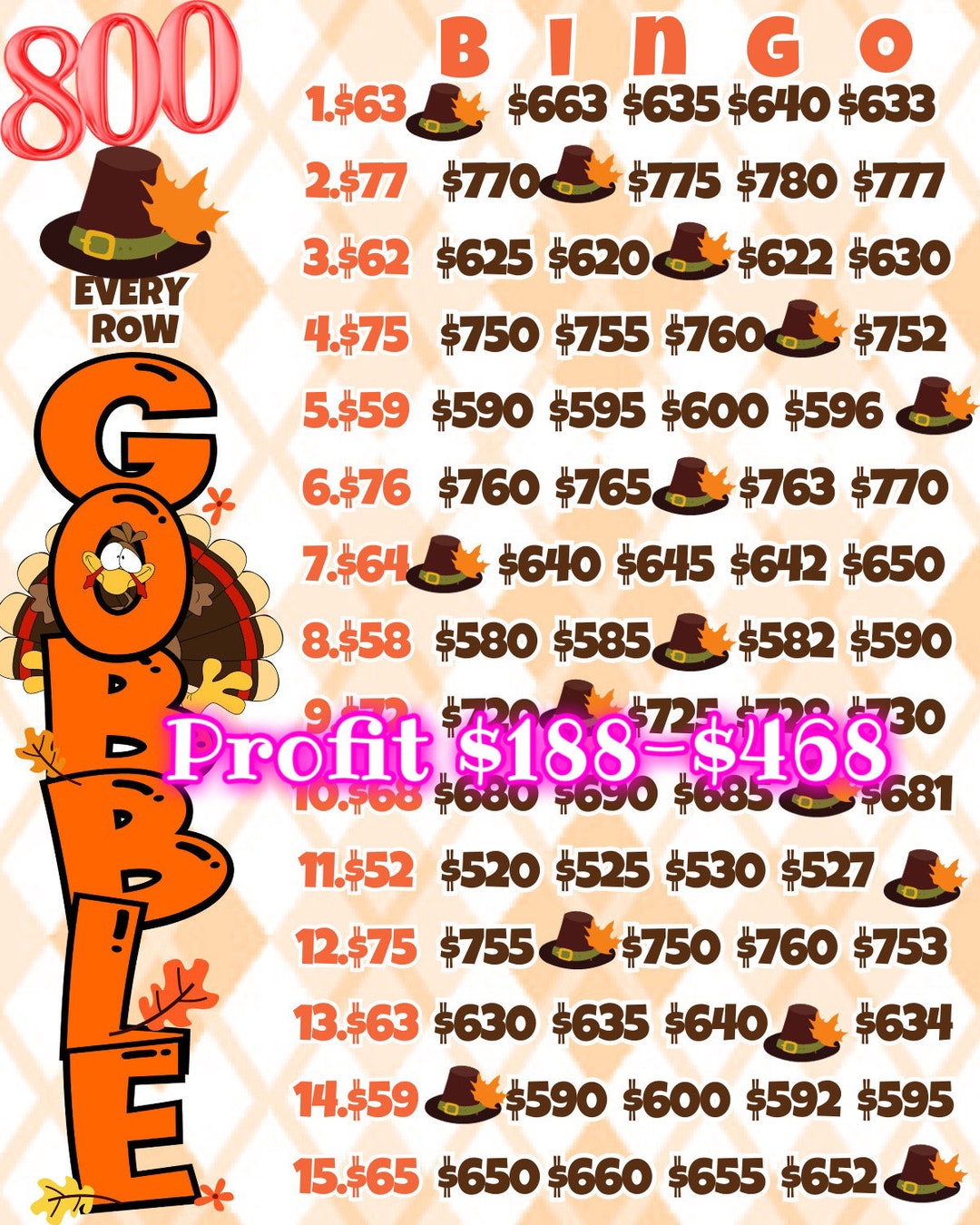 800 Every Row Gobble Bingo Board - Etsy
