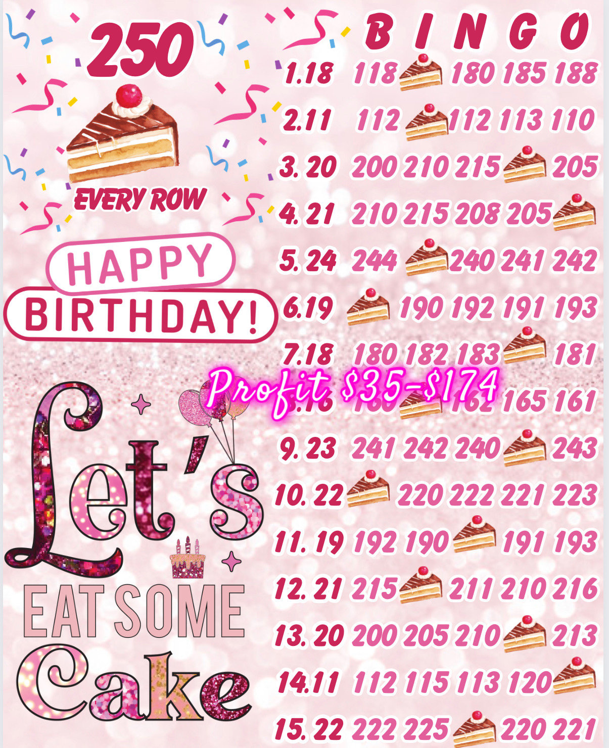 250 Every Row Pyp Birthday Bingo Board - Etsy