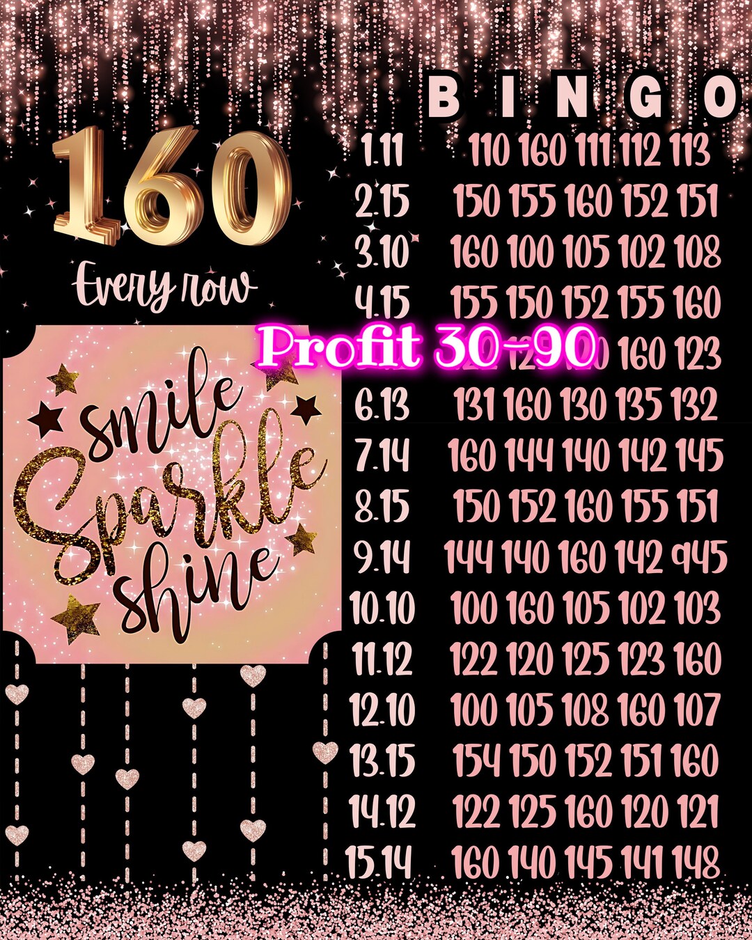 160 Every Row Smile Sparkle Pyp Bingo Board - Etsy