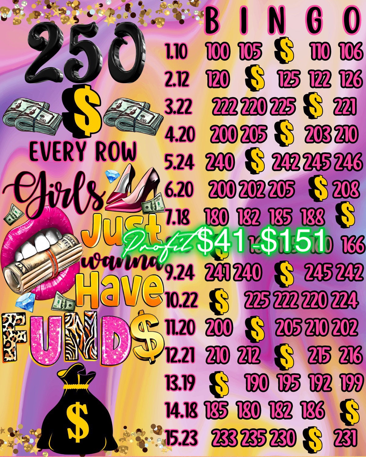 250 Every Row Funds Pyp Bingo Board With Profit - Etsy