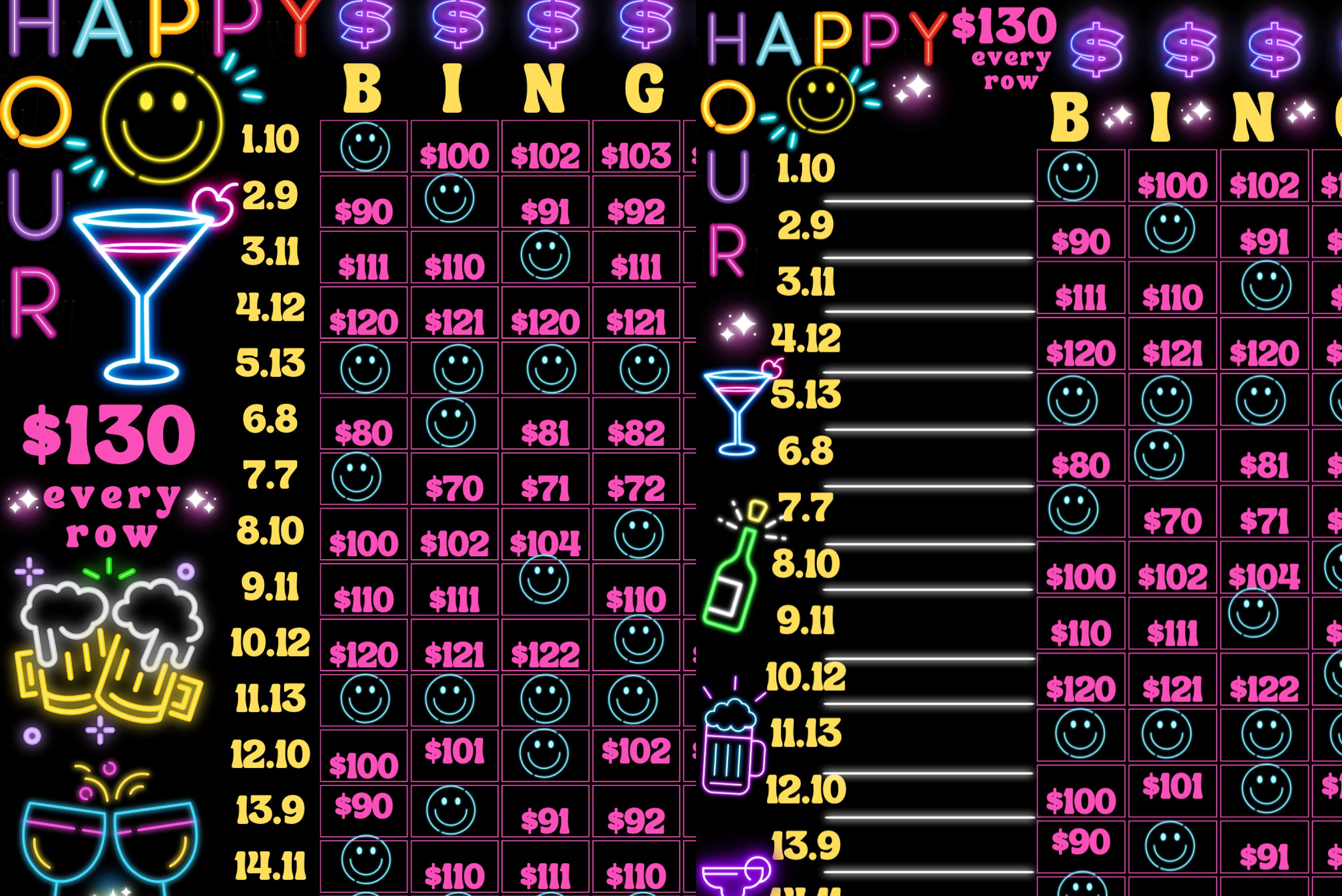 130 Every Row Happy Hour Bingo Board With and Without Lines - Etsy
