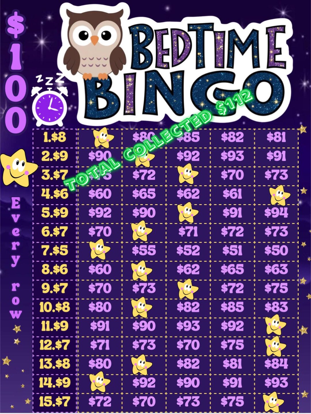 100 Every Row Bedtime Bingo Board Pyp Bingo Board - Etsy