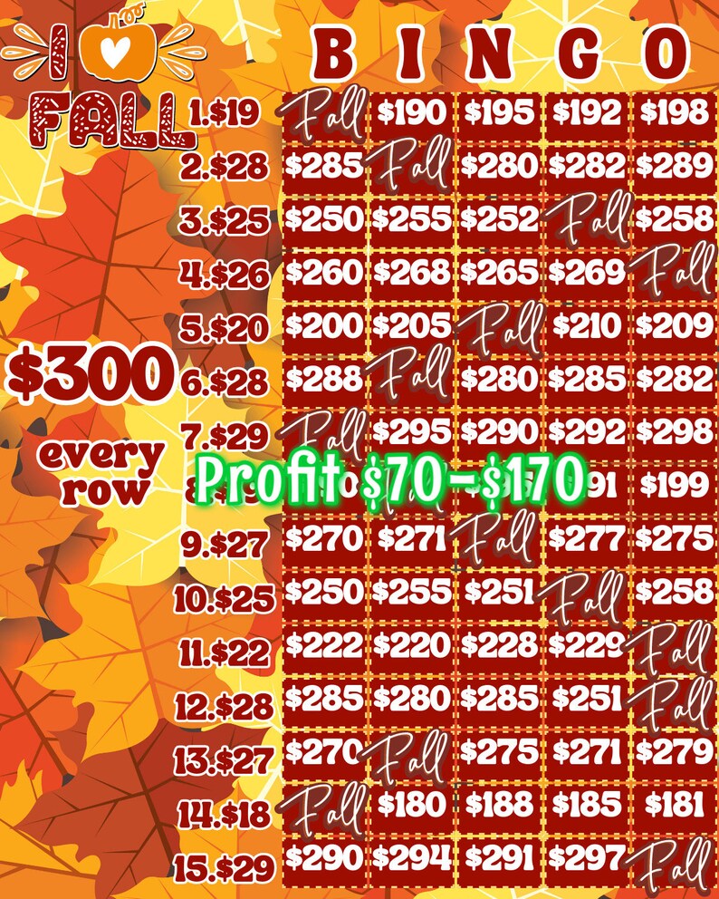 Fall 300 Every Row Bingo Board With Profit - Etsy