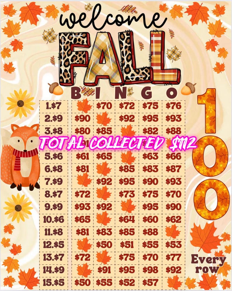 Fall 100 Every Row Pyp Bingo Board - Etsy