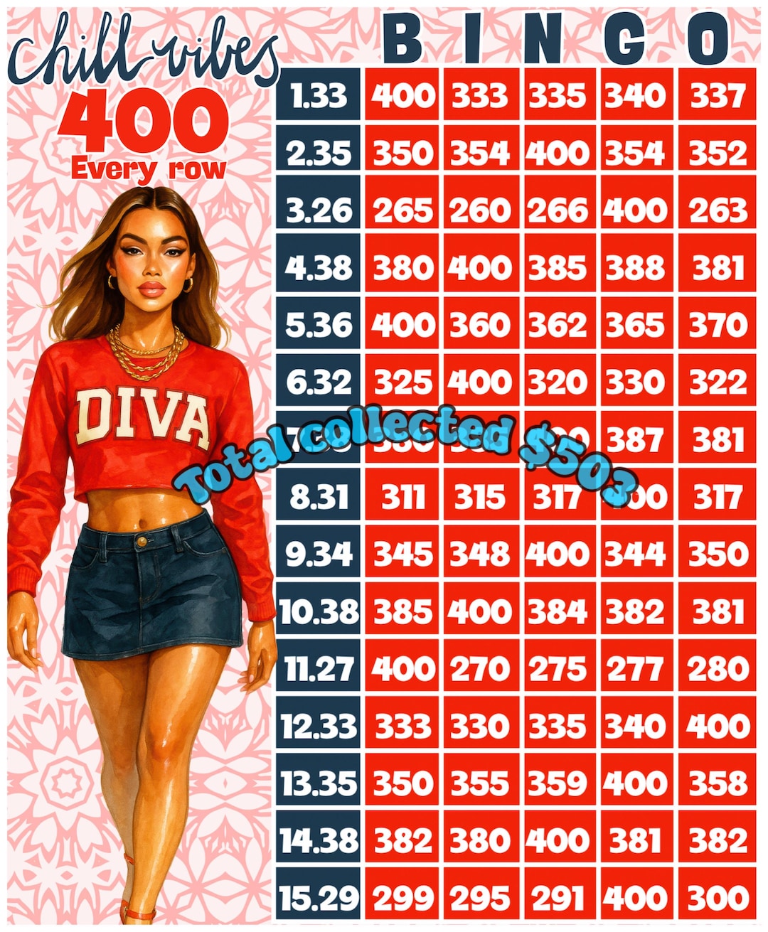 400 Every Row Diva Bingo Board - Etsy