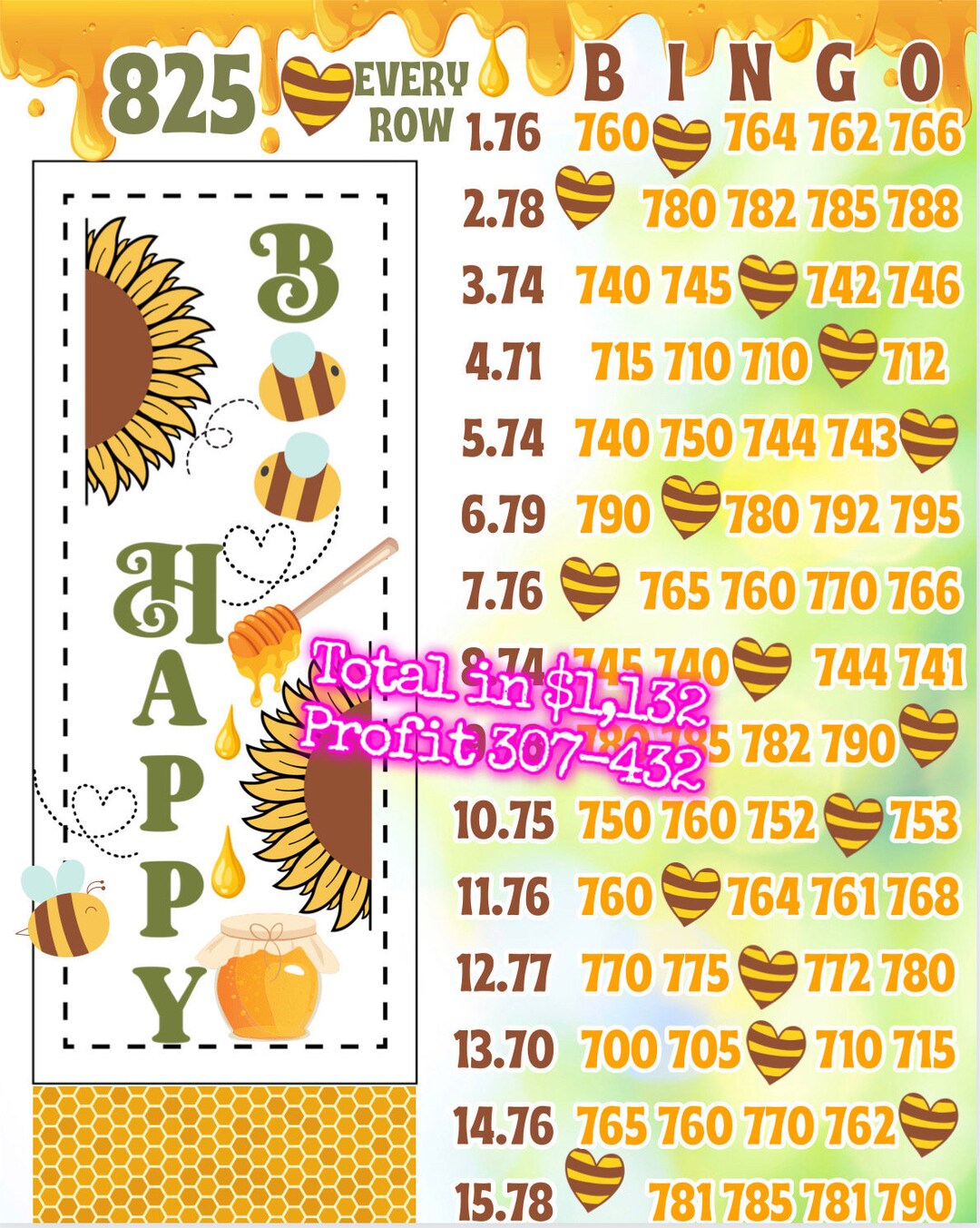 Bee Happy 825 Every Row Pyp Bingo Board - Etsy