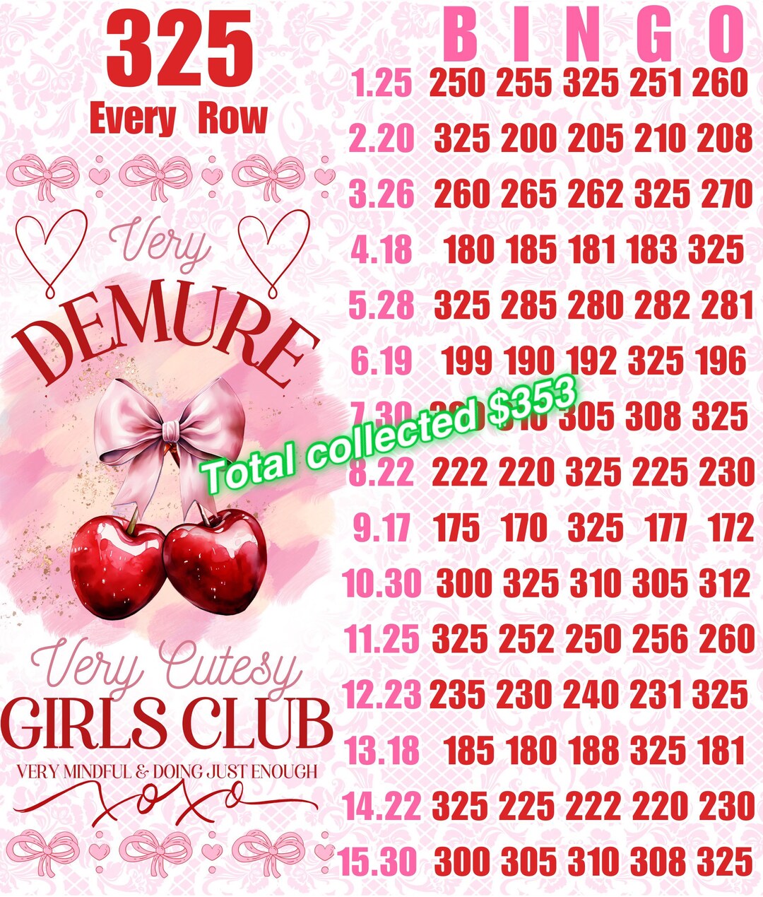 325 Every Row Demure Pyp Bingo Board - Etsy