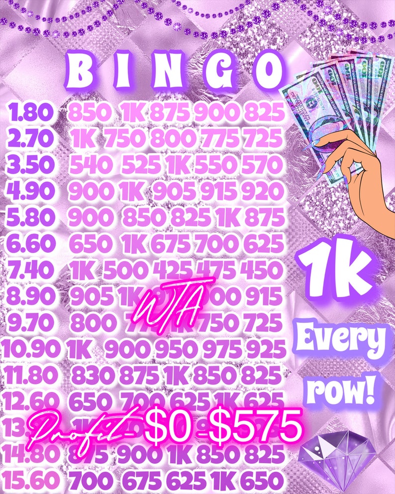 1k Every Row Bingo Board. Pick Your Pay - Etsy