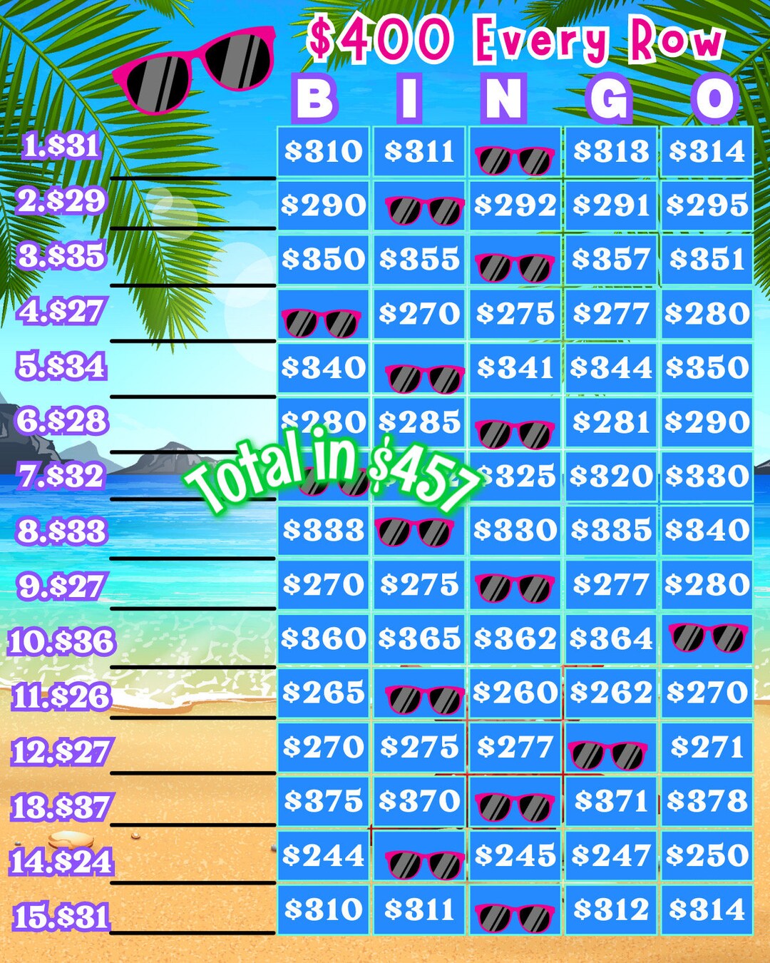 400 Every Row Beach Pyp Bingo Board With Lines With Profit - Etsy