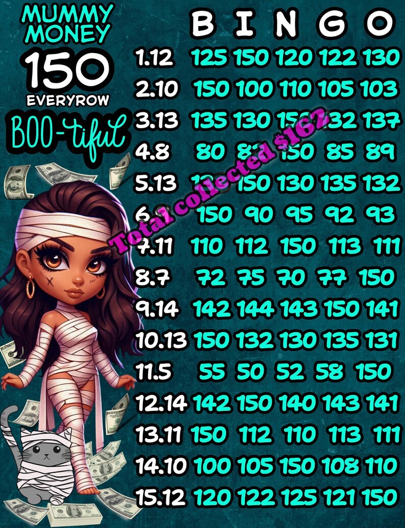 Mummy Money 150 Every Row Pyp Bingo Board - Etsy