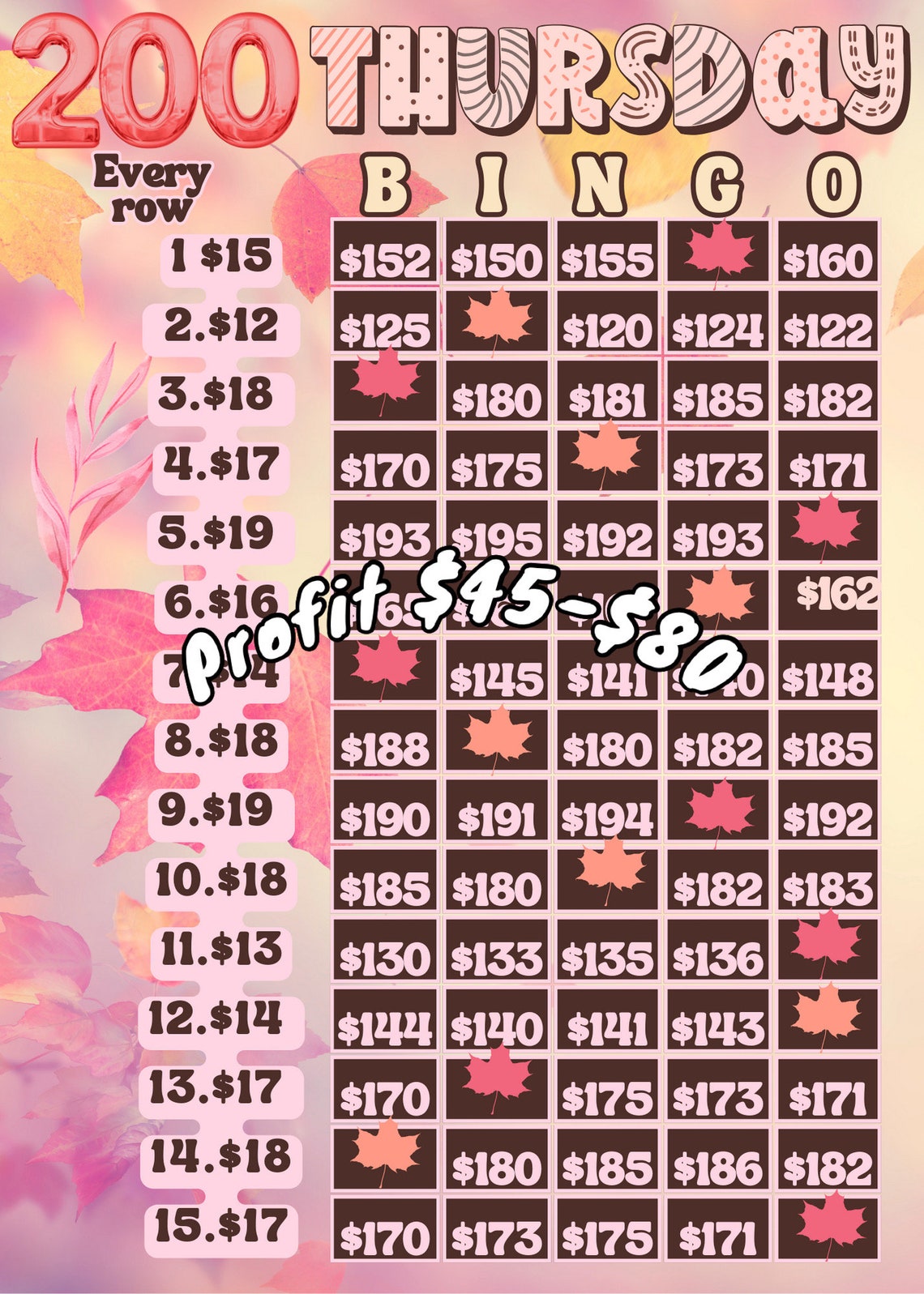 200 Every Row Thursday Fall Bingo Board - Etsy