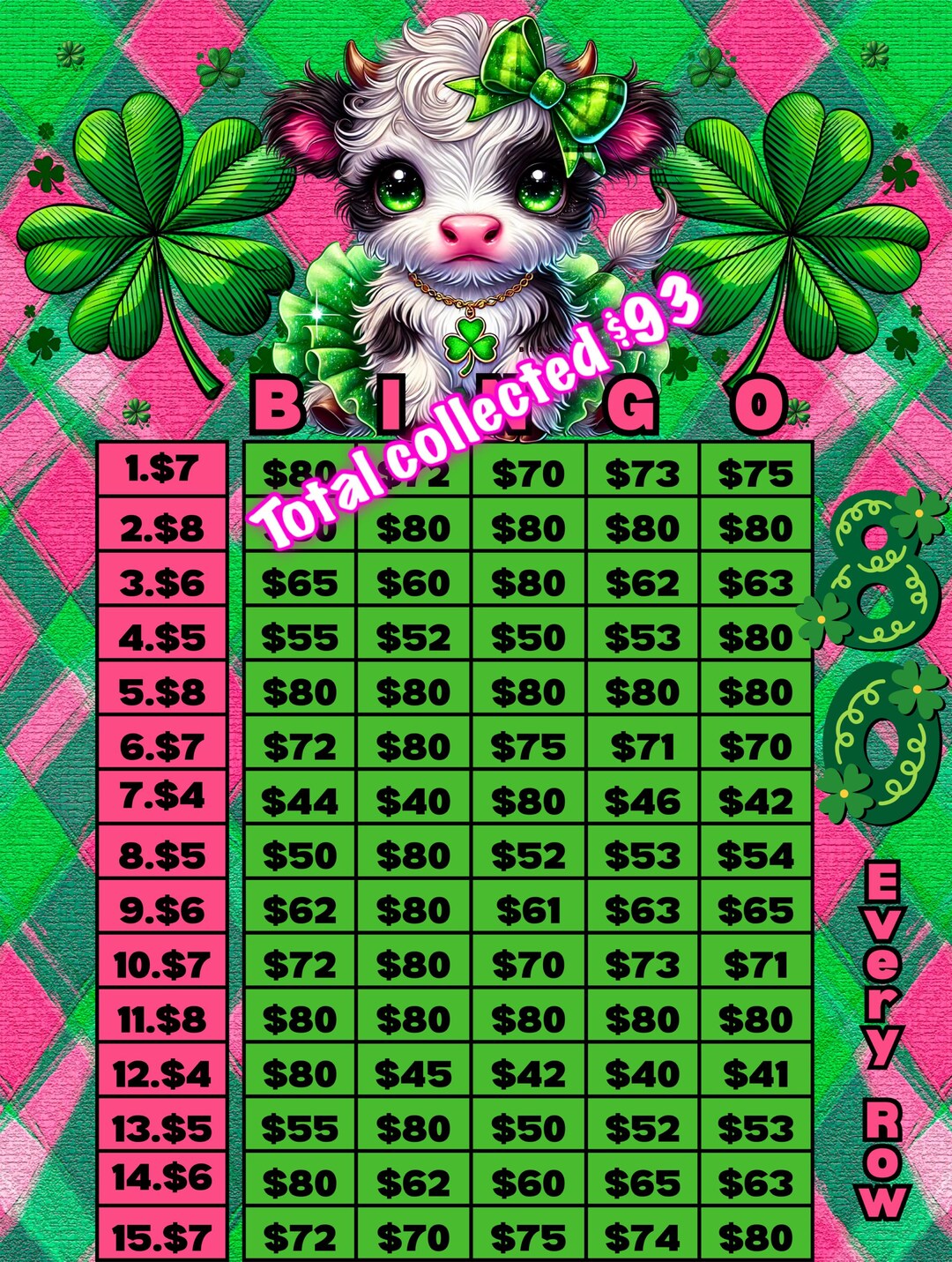 80 Every Row Cute Cow Bingo Board - Etsy