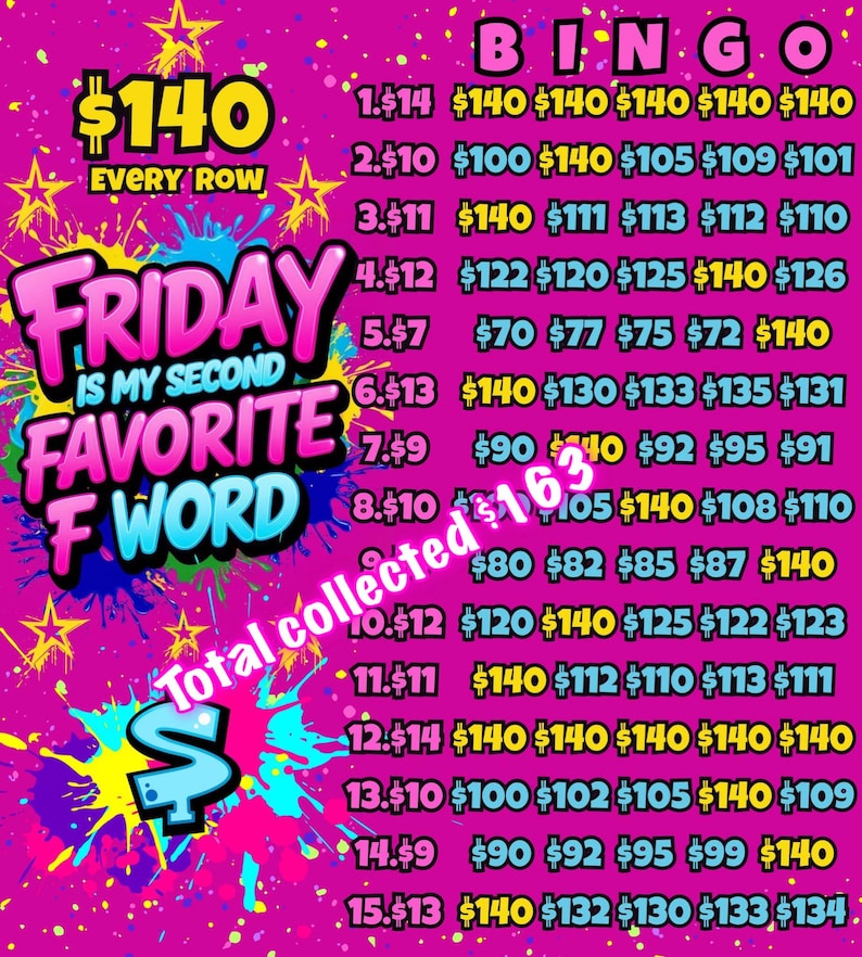 140 Every Row Friday Bingo Board - Etsy