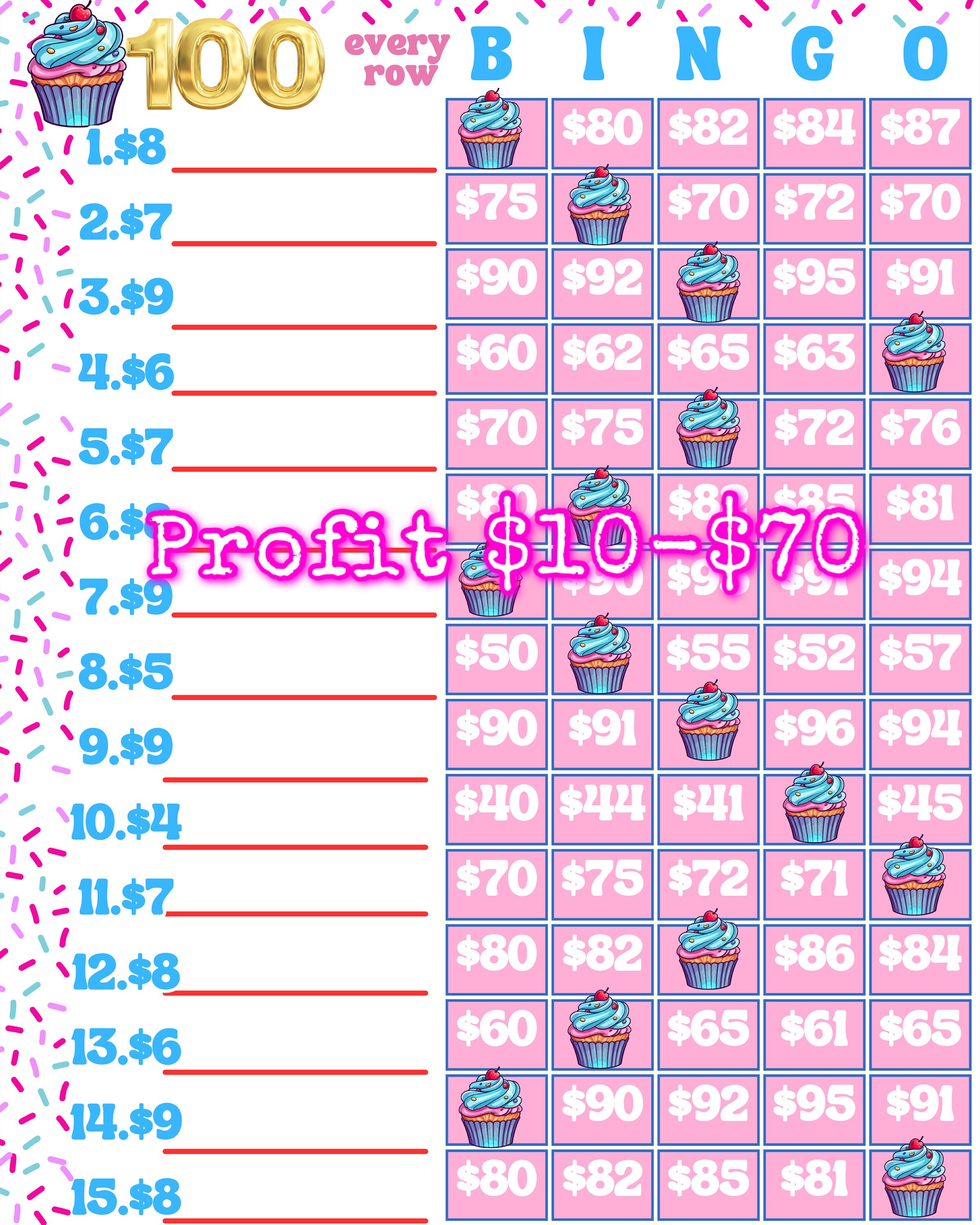 100 Every Row Cupcake Pyp Bingo Board With Lines - Etsy