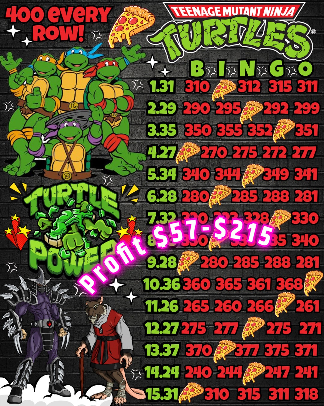 400 Every Row Turtles Pyp Bingo Board With Profit - Etsy