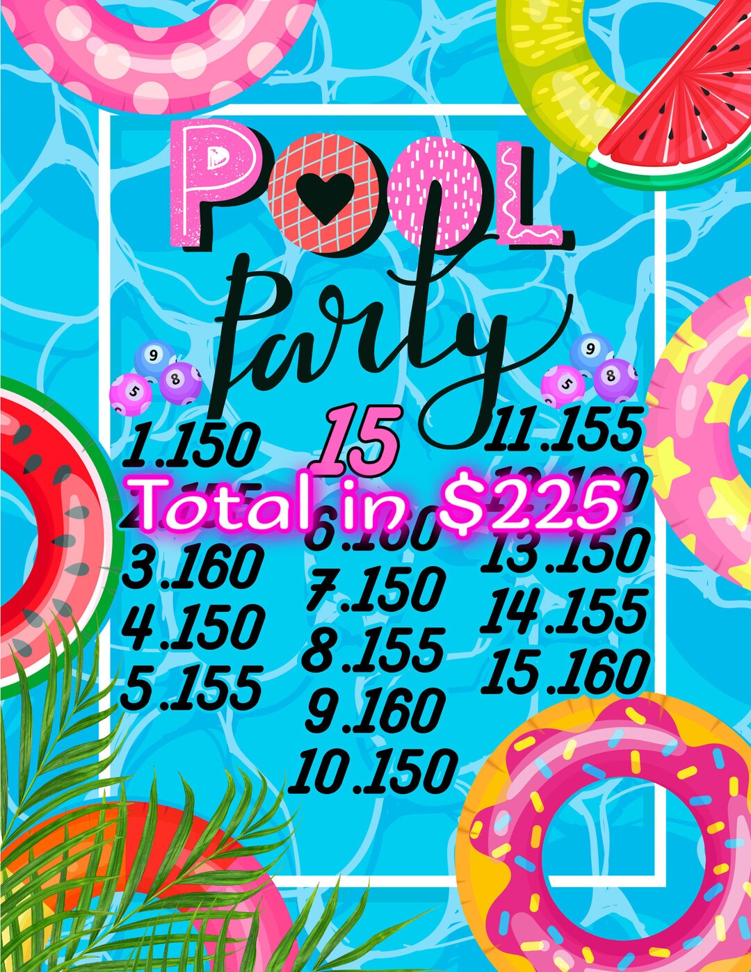 Pool Party 15 Pick Your Prize Bingo Board - Etsy