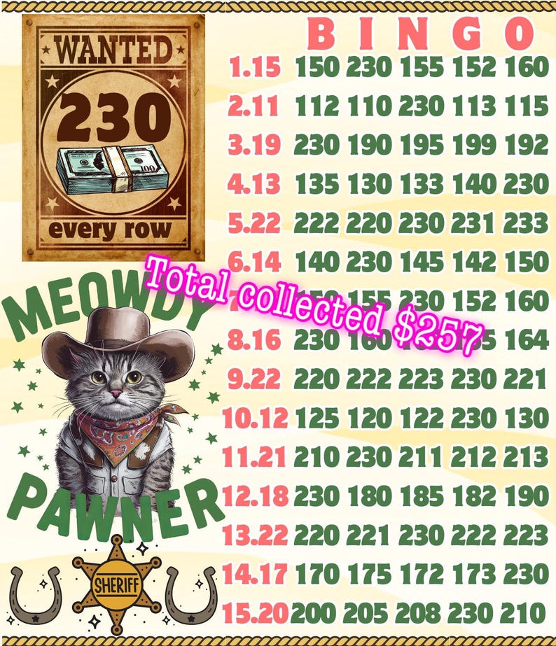 230 Every Row Meowdy Pyp Bingo - Etsy