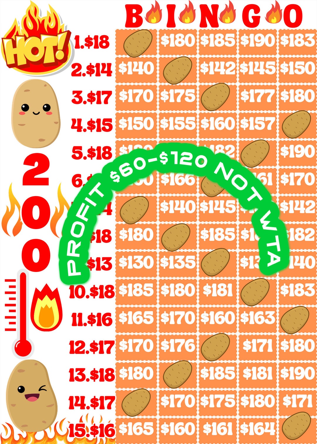 200 Every Row Hot Potato Bingo Board With Profit - Etsy