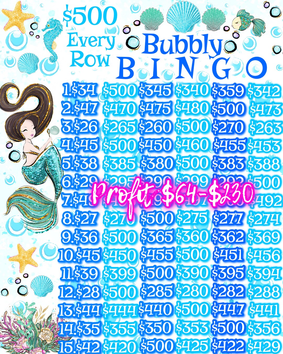 500 in Every Row Bingo - Etsy