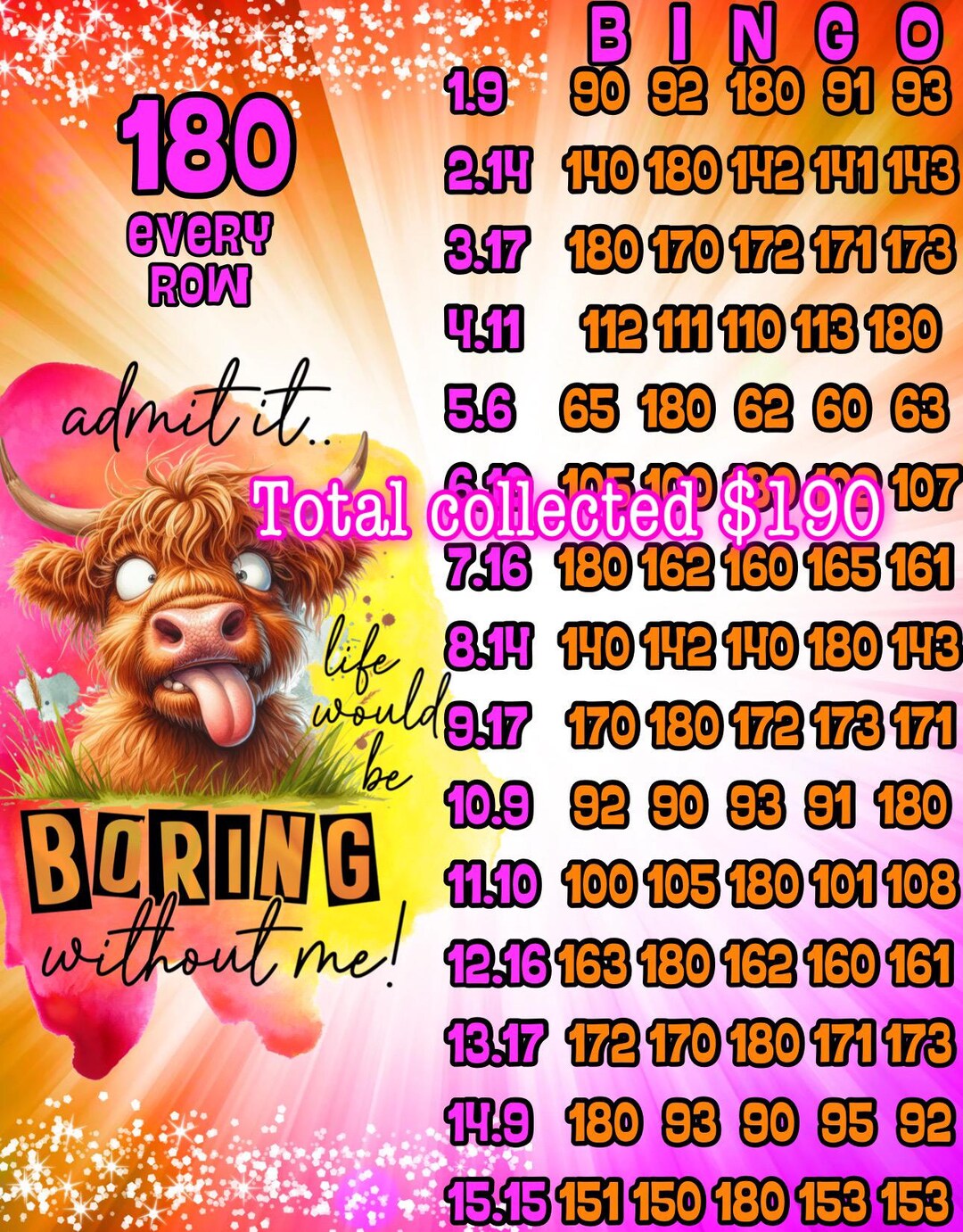 180 Every Row Pyp Bingo Board - Etsy