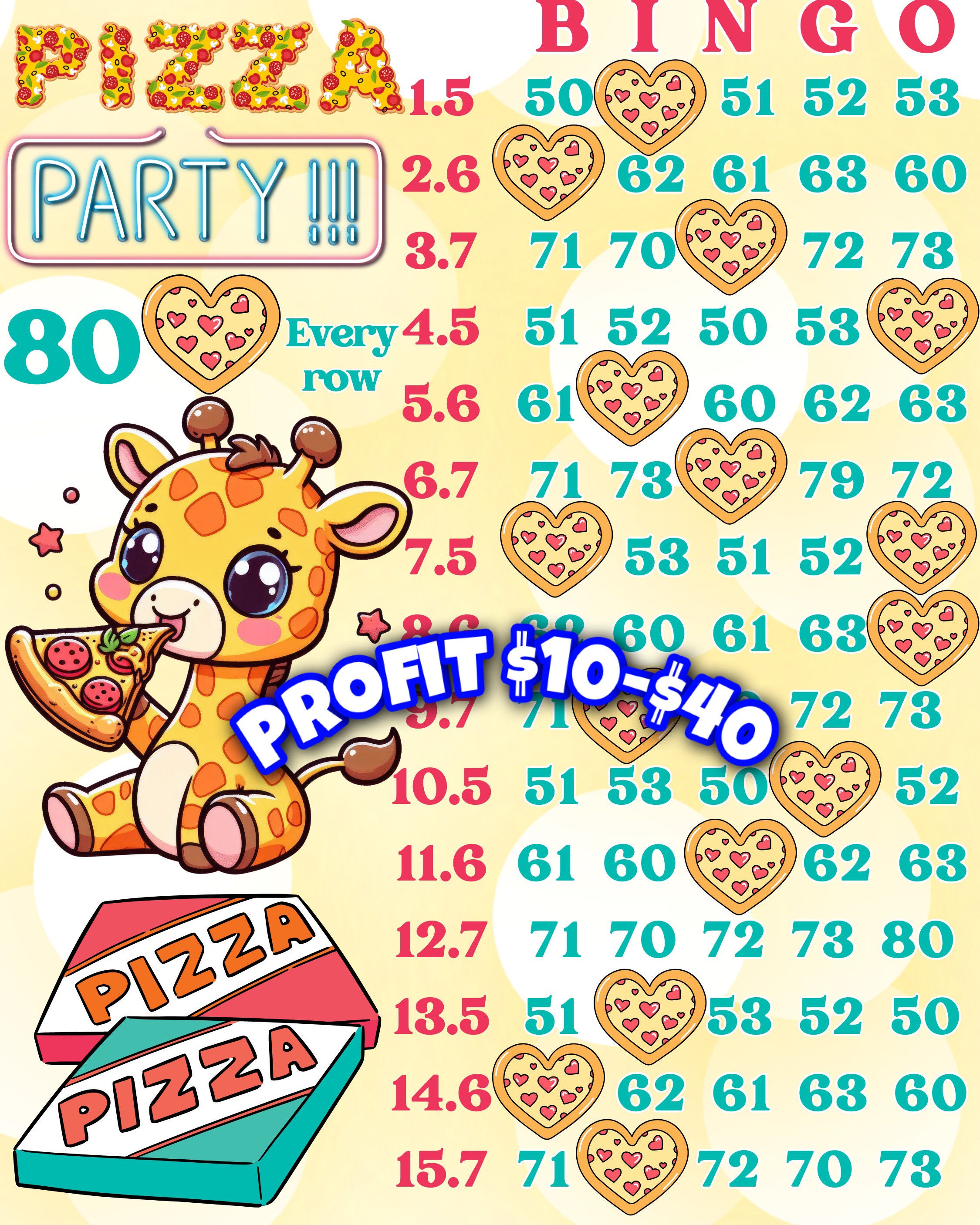 Pizza Party 80 Every Row Pyp Bingo Board - Etsy