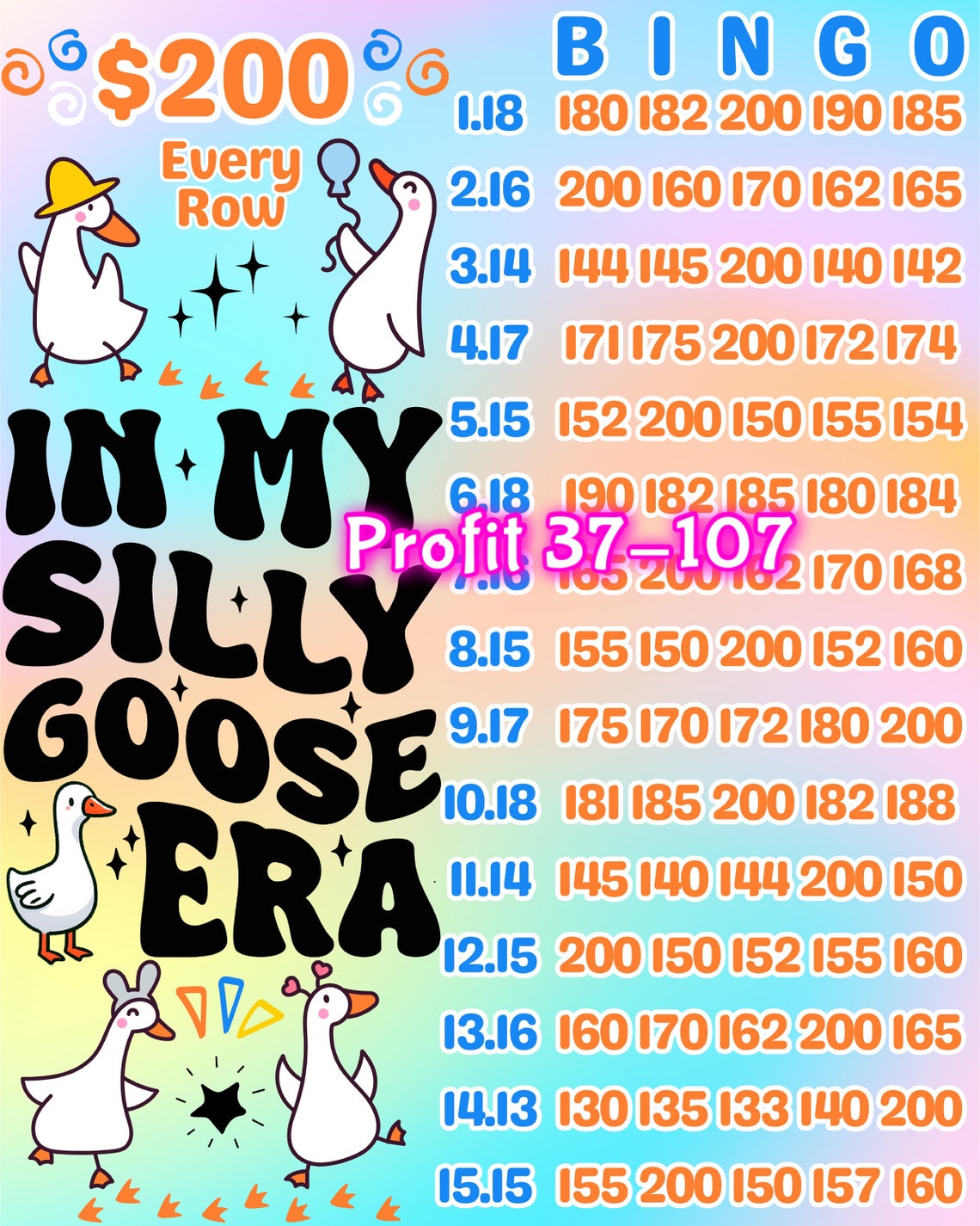 200 Every Row Silly Goose Pyp Bingo Board - Etsy
