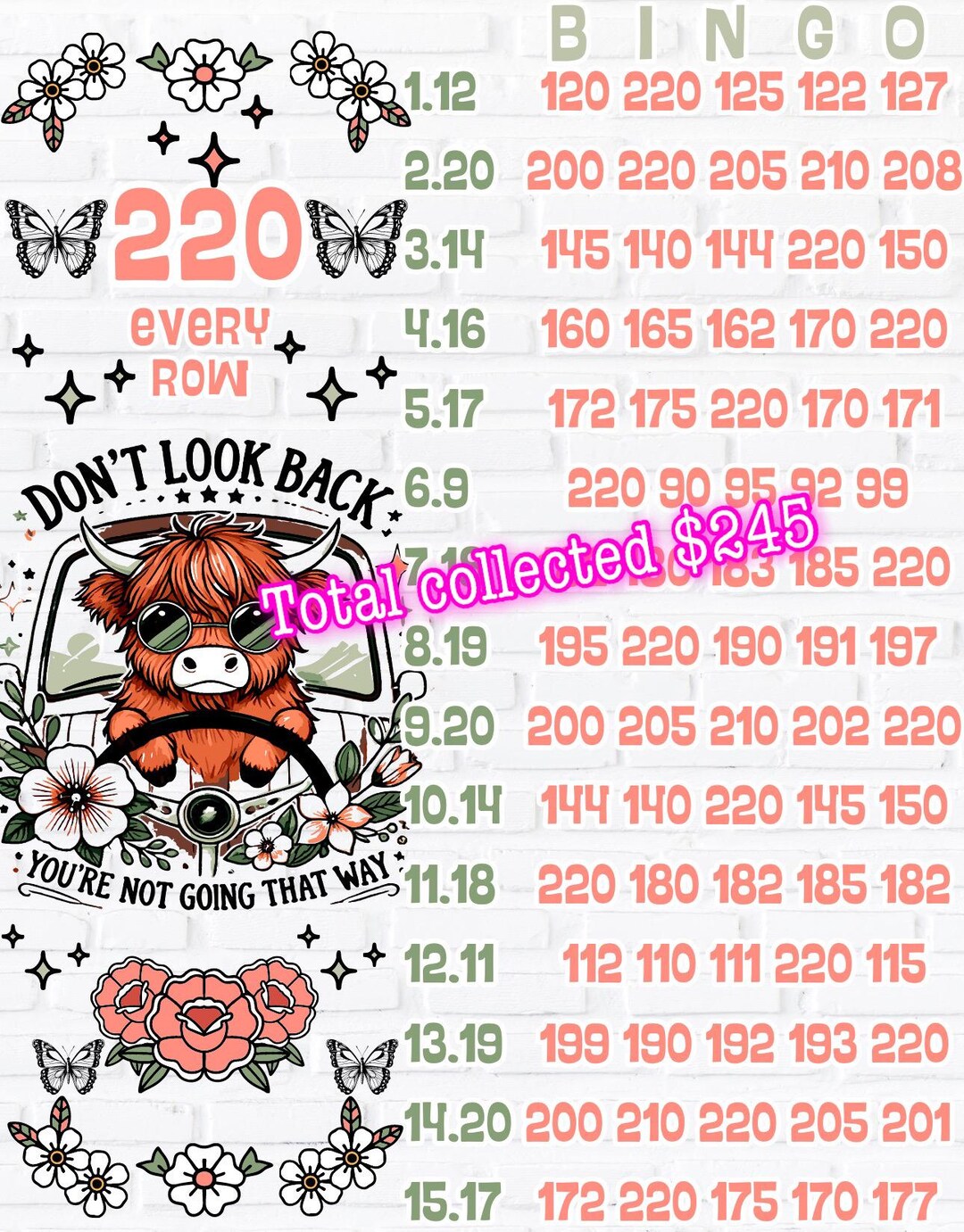 220 Every Row Pyp Bingo Board - Etsy