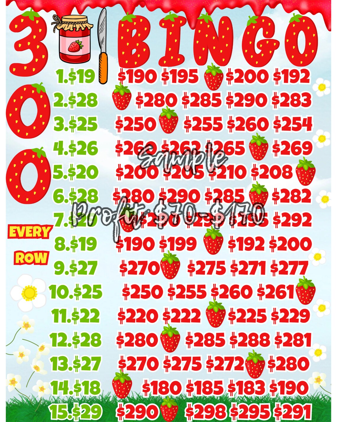 300 Every Row Strawberry Pyp Bingo Board With Profit - Etsy