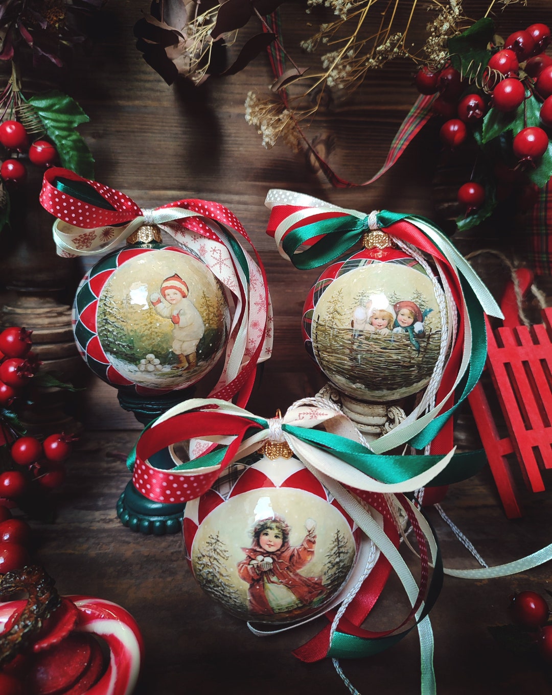 Set of 3 Unique Handmade Christmas Balls Decoupage - Etsy