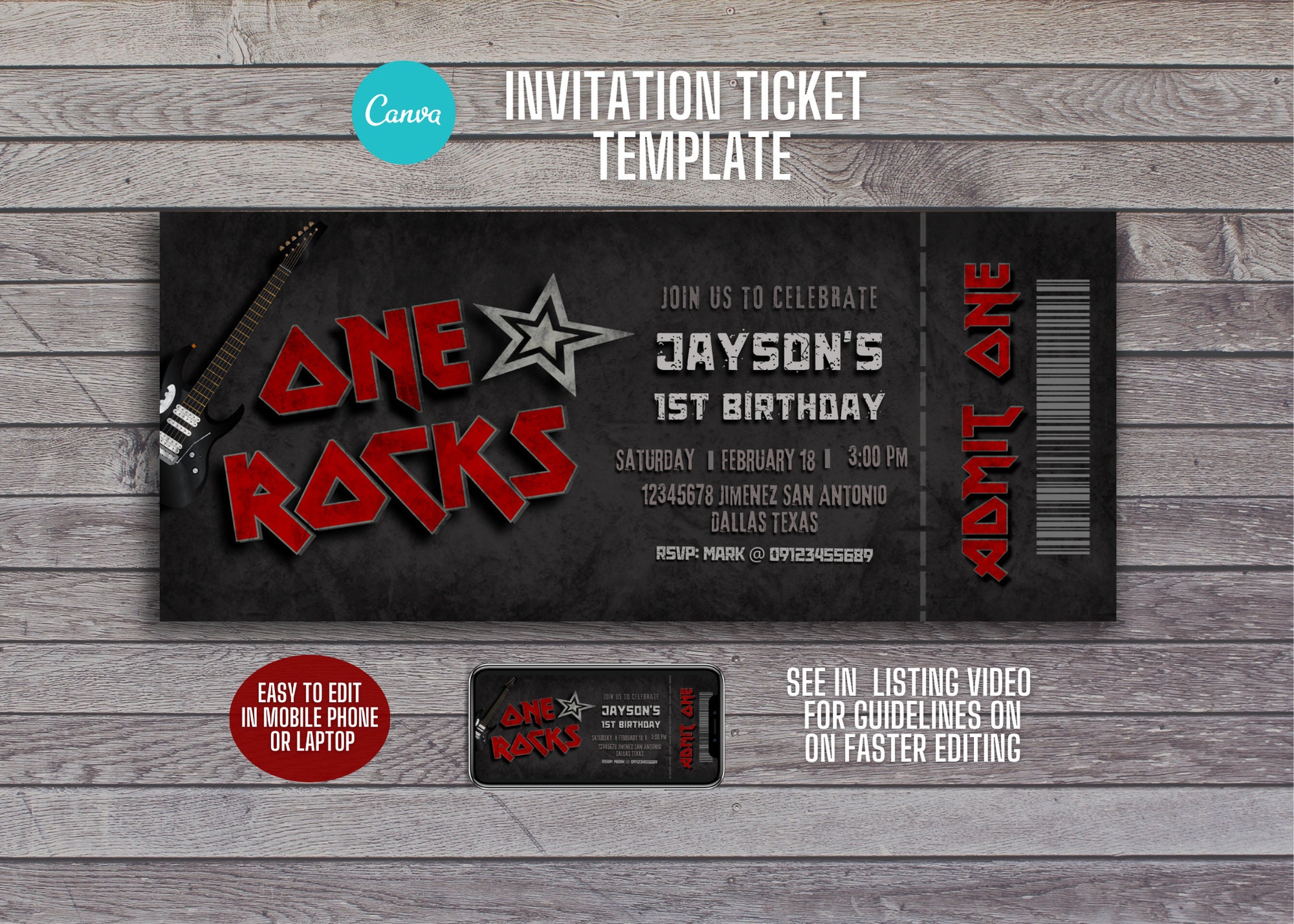 One Rocks Rocked One Year Rock and Roll Boy 1st Birthday Digital ...