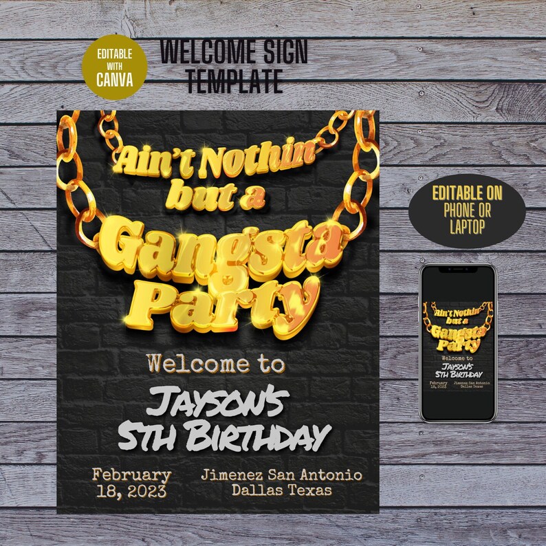 Gangsta Party Hiphop Theme Welcome Sign Editable Digital Canva Template Etsy